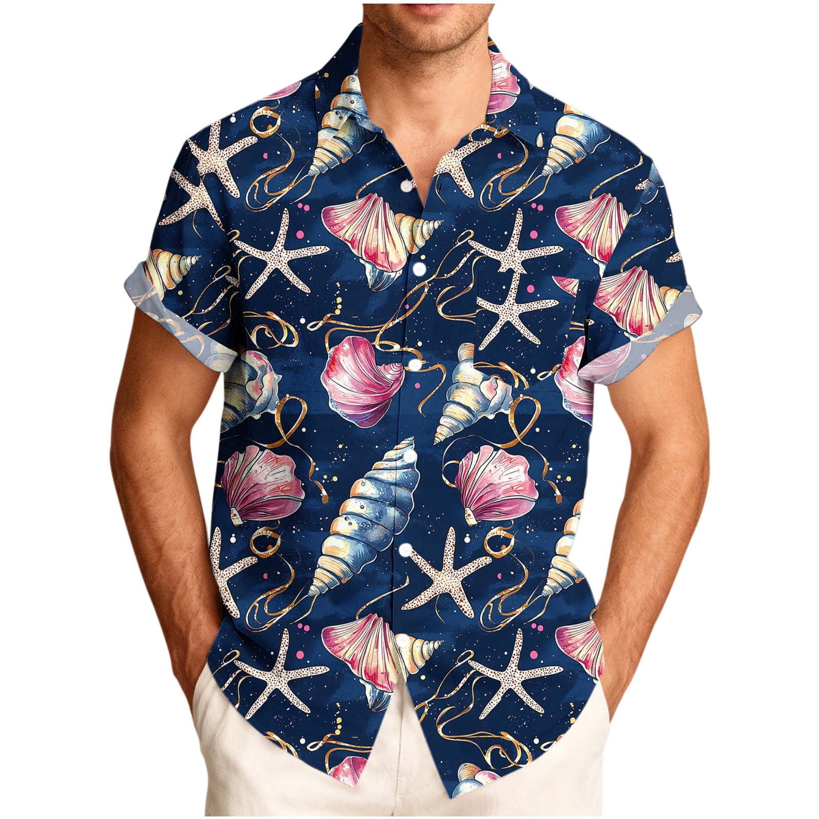 Betivan Men's Summer Turndown Collar Shell Starfish Printed Short ...
