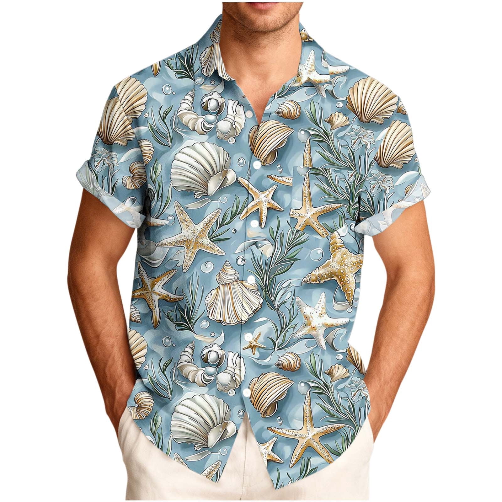 Betivan Men's Summer Turndown Collar Shell Starfish Printed Short ...