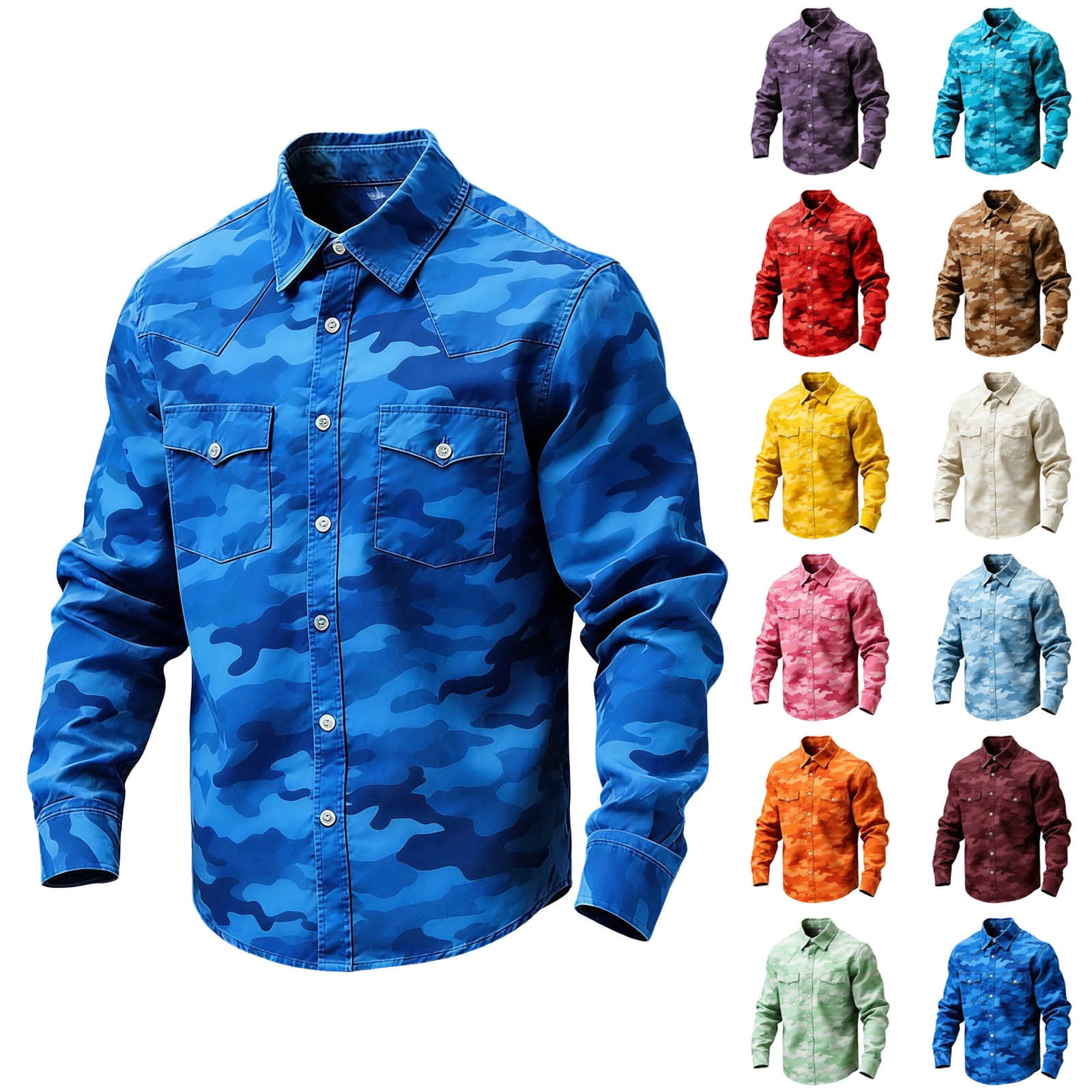 Betivan Men's Vintage Camo Print Turndown Collar Shirt, Casual Long ...