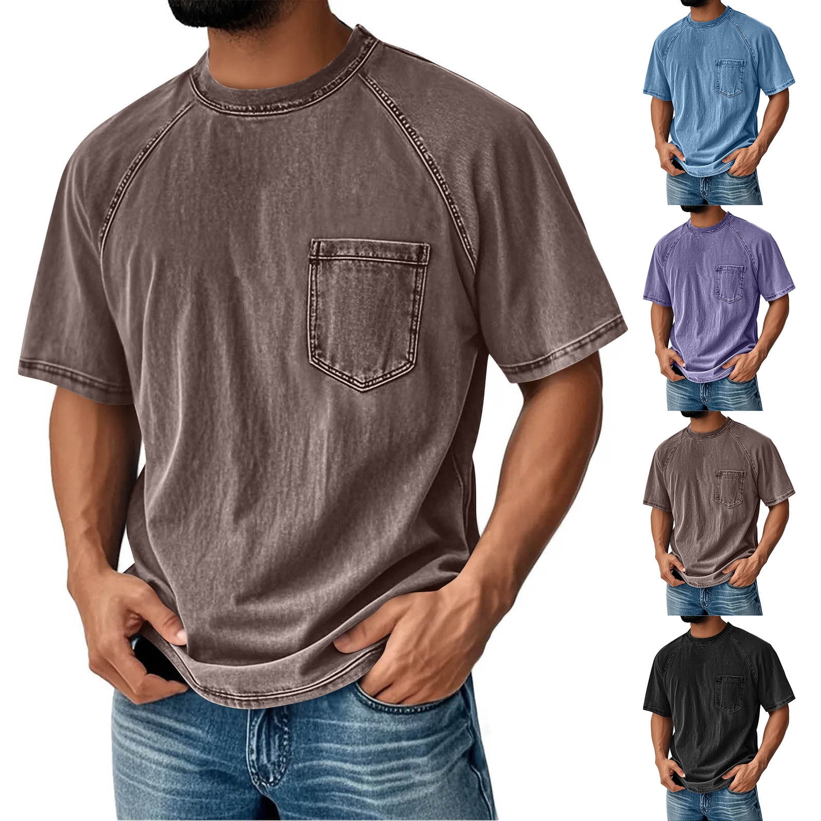 Betivan Men's Vintage Wash Raglan T-Shirts with Pocket Short Sleeve ...