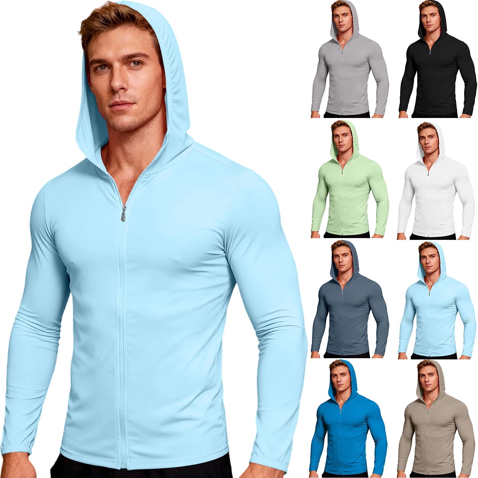 Betivan Mens Solid Color Longsleeved Zippered Hooded Sun Protection ...