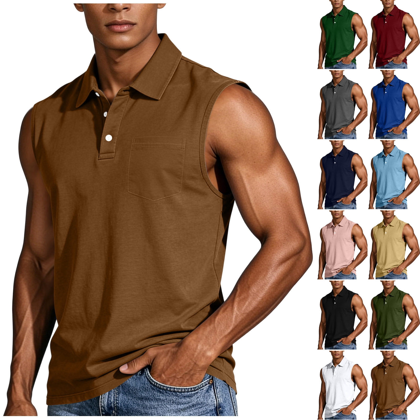 Betivan Mens Tank Tops Summer Sleeveless Shirts Lapel Button Up Shirt ...