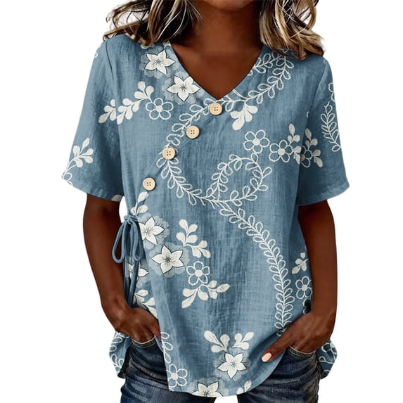 Betivan T Shirts for Women Spring Linen Blend Blouse Floral Graphic ...