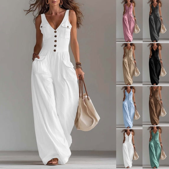 Betivan Women Button Down Jumpsuits Cotton Linen V Neck Sleeveless ...
