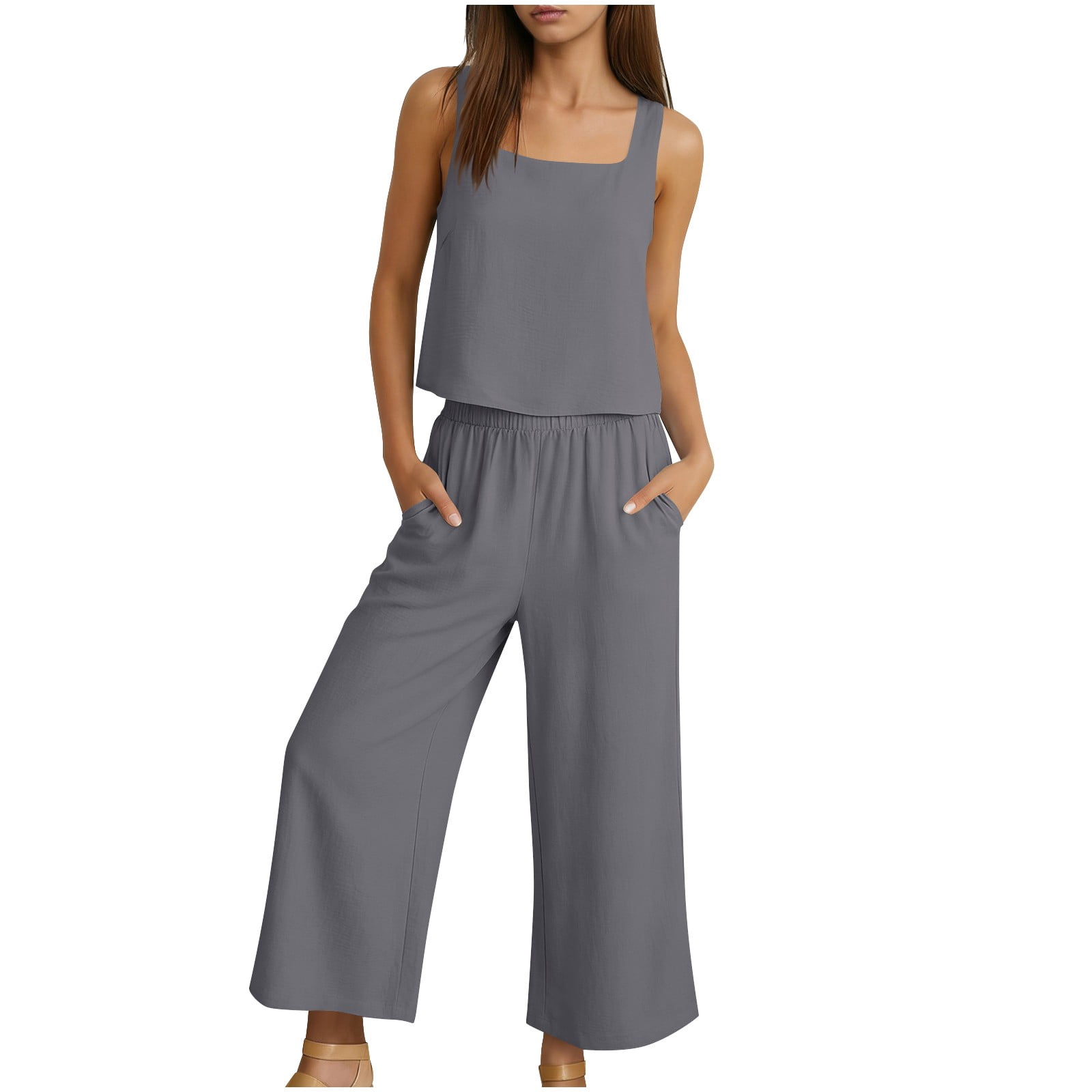 Betivan Women Summer 2 Piece Sets Square Neck Sleeveless Crop Tops Wide ...
