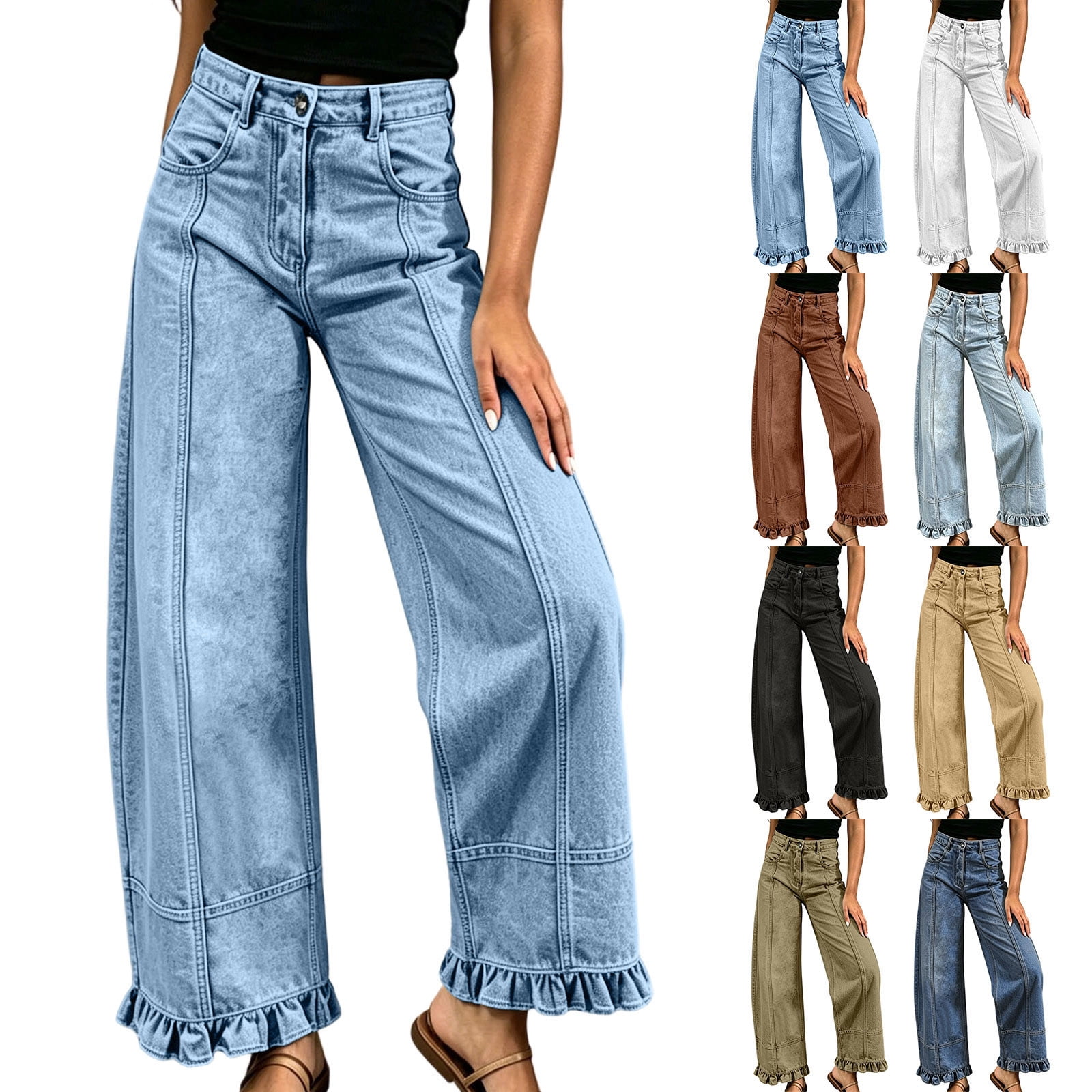Betivan Women's 2026 Ruffle Hem Wide Leg Jeans Elastic Waist Denim ...