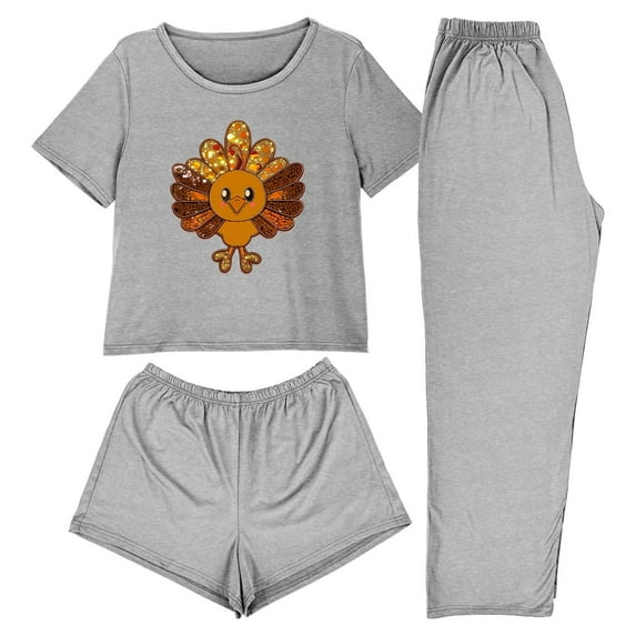 Betivan Women's 3PC Thanksgiving Pajama Set: Short Sleeve Top + Long ...