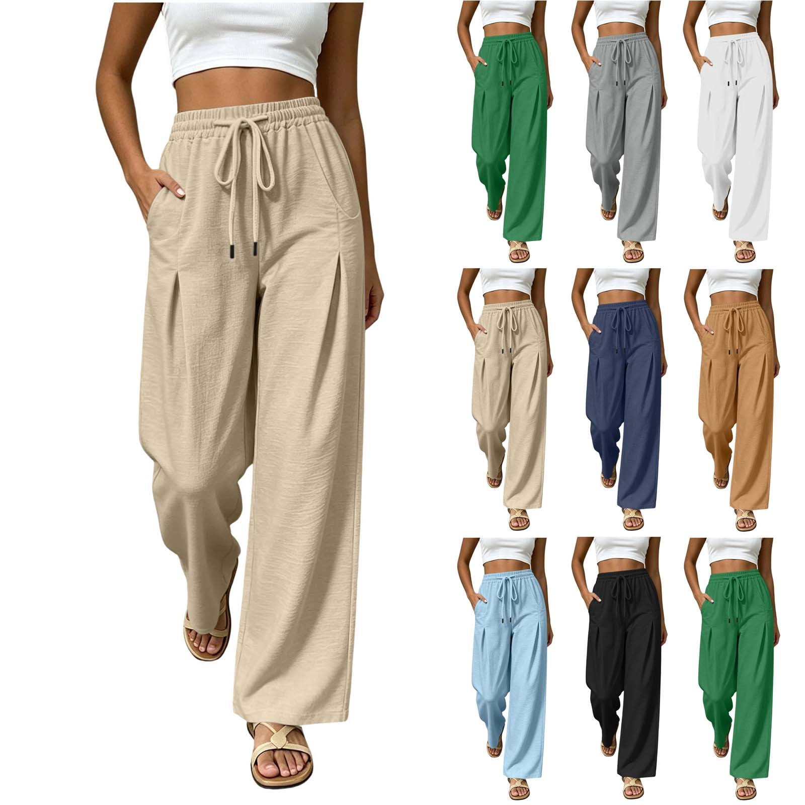 Betivan Women's Linen Wide Leg Pants Elastic Drawstring Waist Soft ...