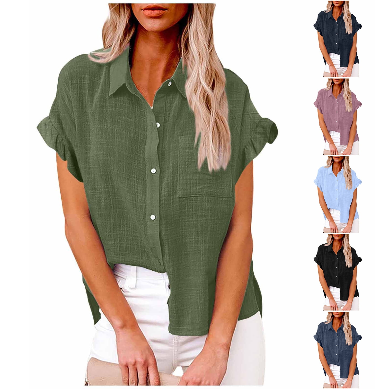 Betivan Women's Short Sleeve Linen Button Down Shirts Lapel Collar Roll ...