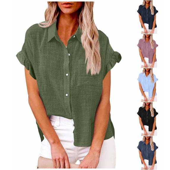 Betivan Women's Short Sleeve Linen Button Down Shirts Lapel Collar Roll ...