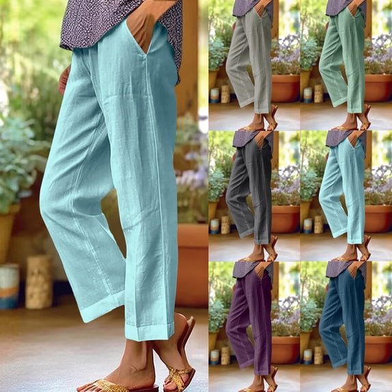Betivan Women's Spring And Solid Color Elastic Waist Linen Versatile ...