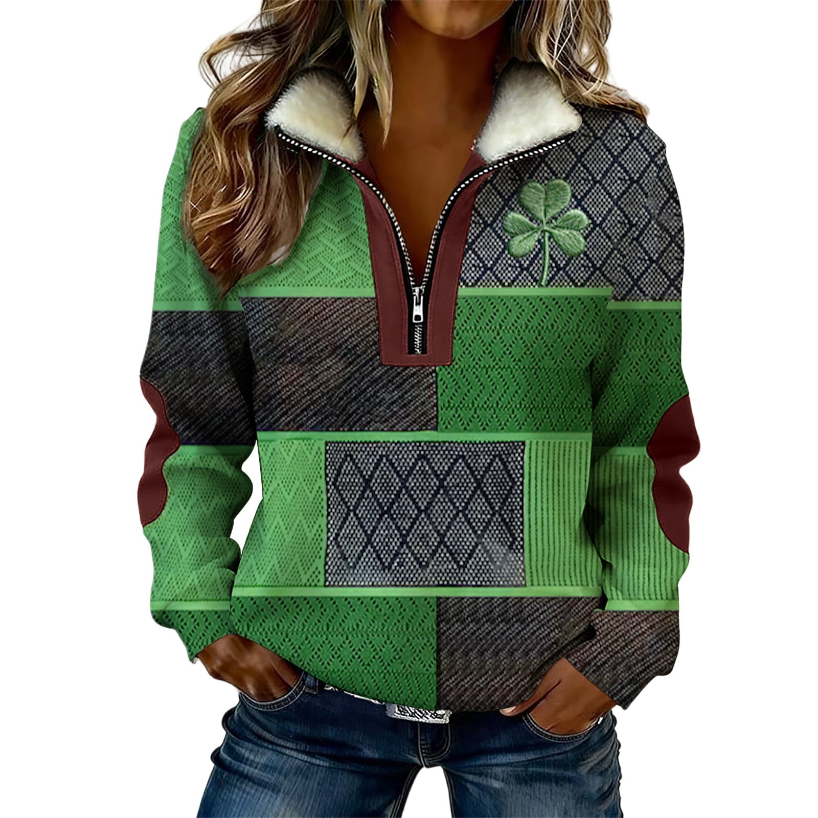 Betivan Women's St. Patrick's Day Print Colorblock Half Zip Long Sleeve ...