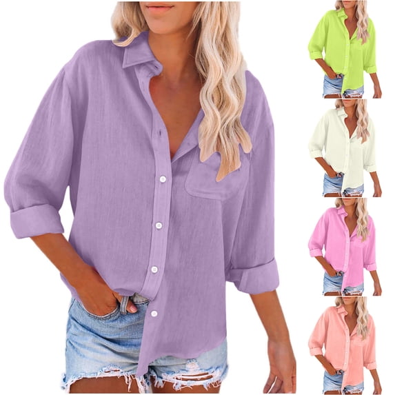 Betivan Womens Button Down Shirts Cotton Linen V Neck Blouses Casual ...