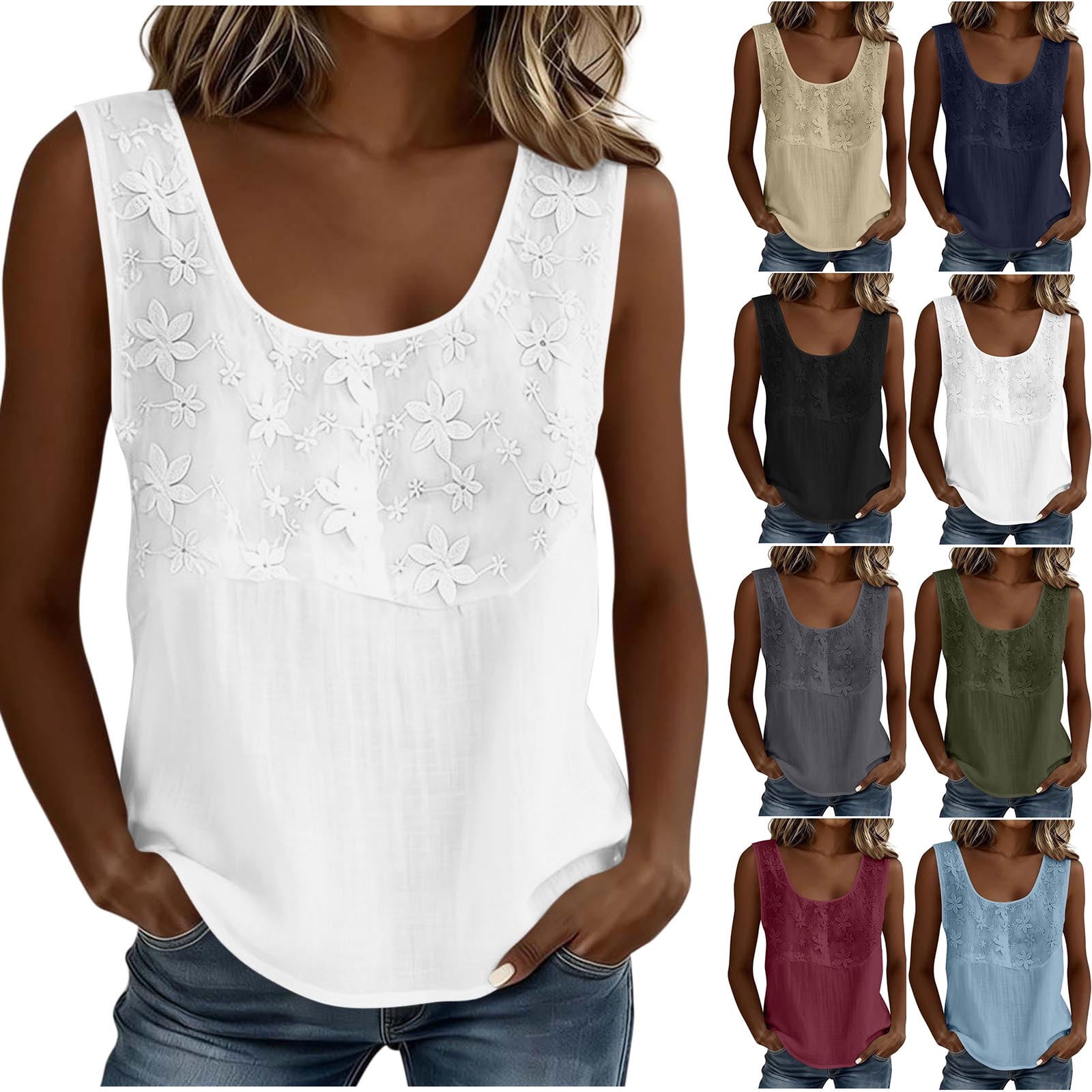Betivan Womens Cotton Blend Tank Tops Floral Embroidery Scoop Neck ...