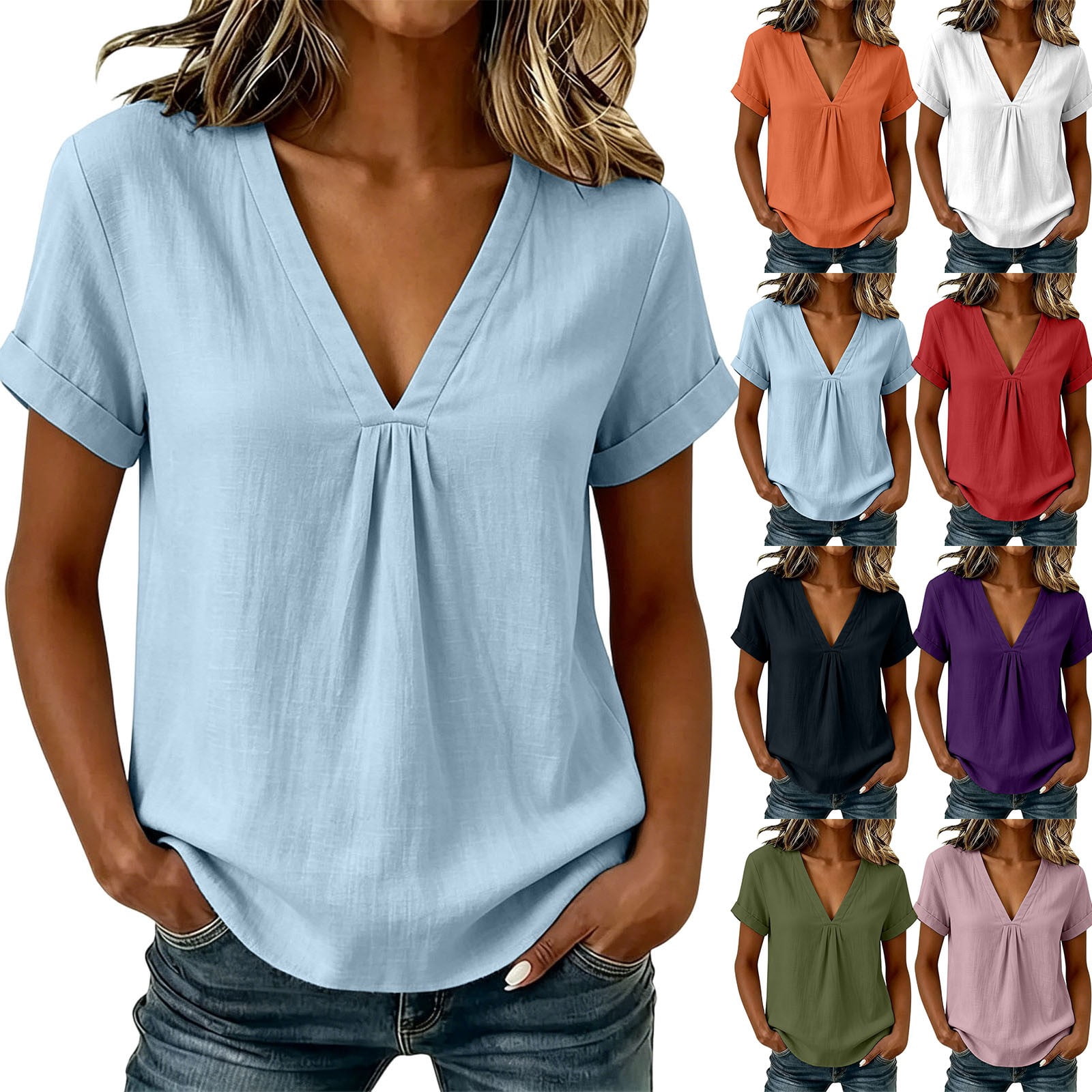 Betivan Womens Pleated V Neck Short Sleeve Cotton Shirts Summer ...