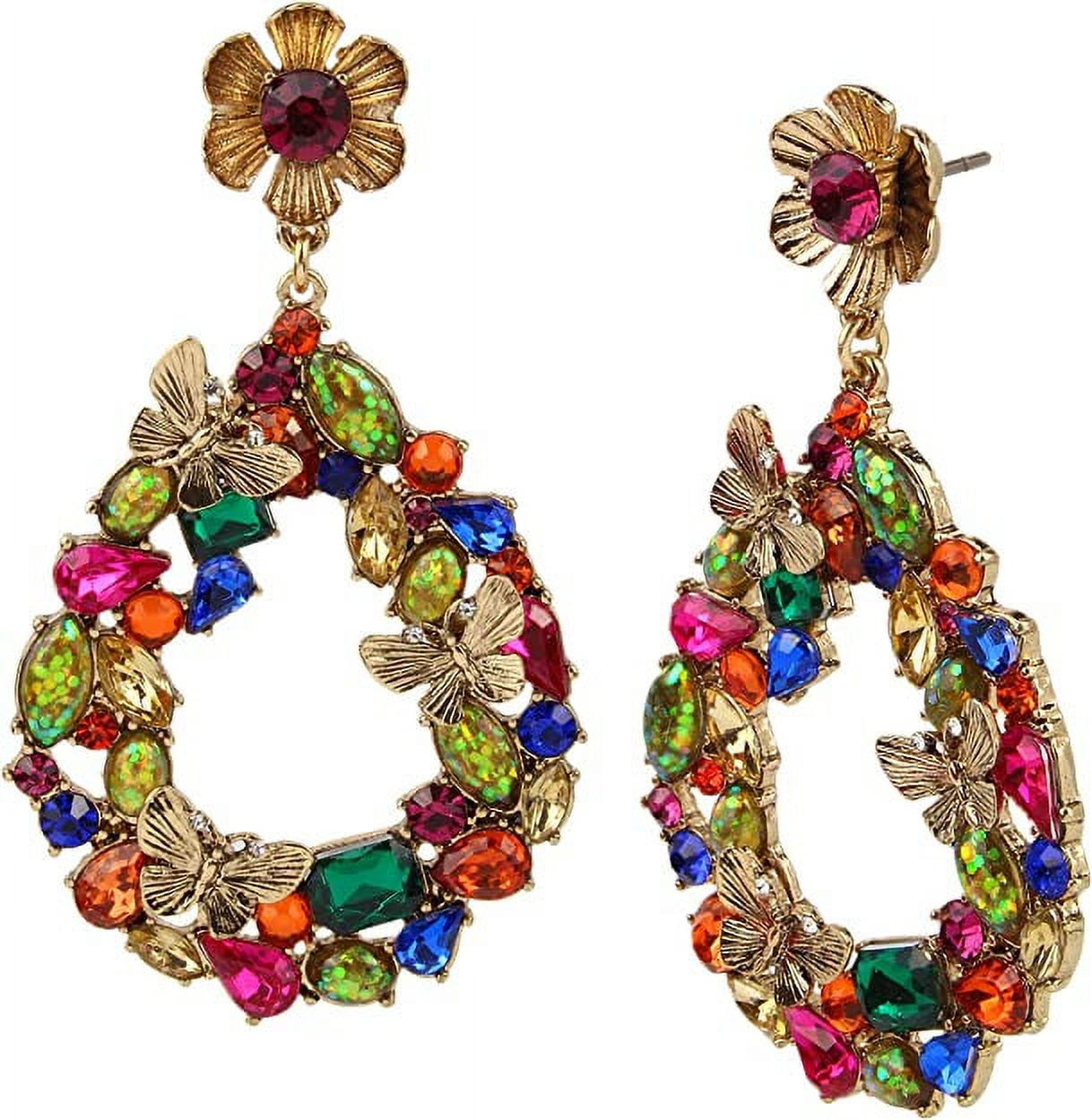 Betsey Johnson Gold Tone Gypsy Hoop Earrings, Multi-Color Stone Cluster ...