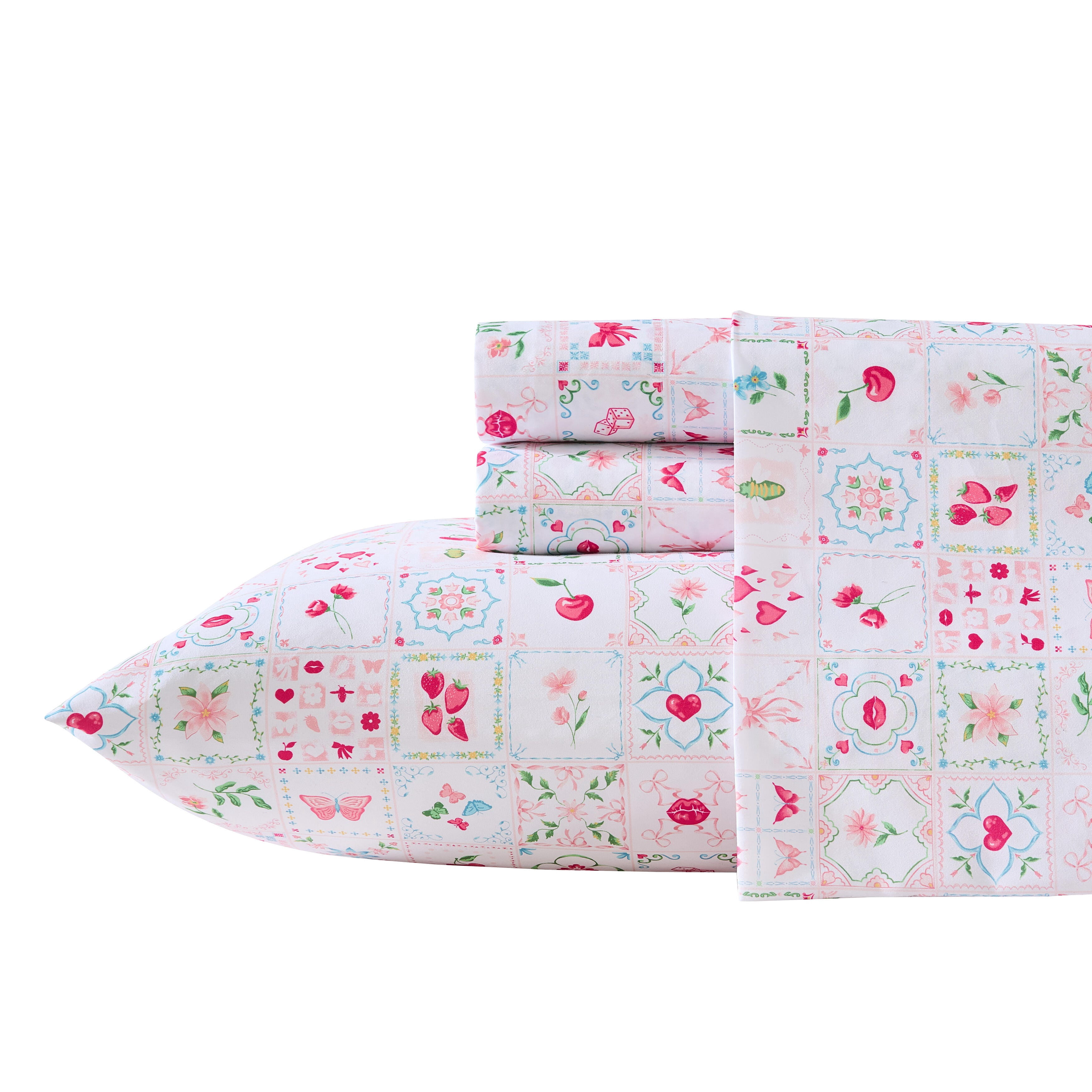 Betsey Johnson Pretty Tiles Pink Full Sheet Set, Soft Easy-Care Bedding ...