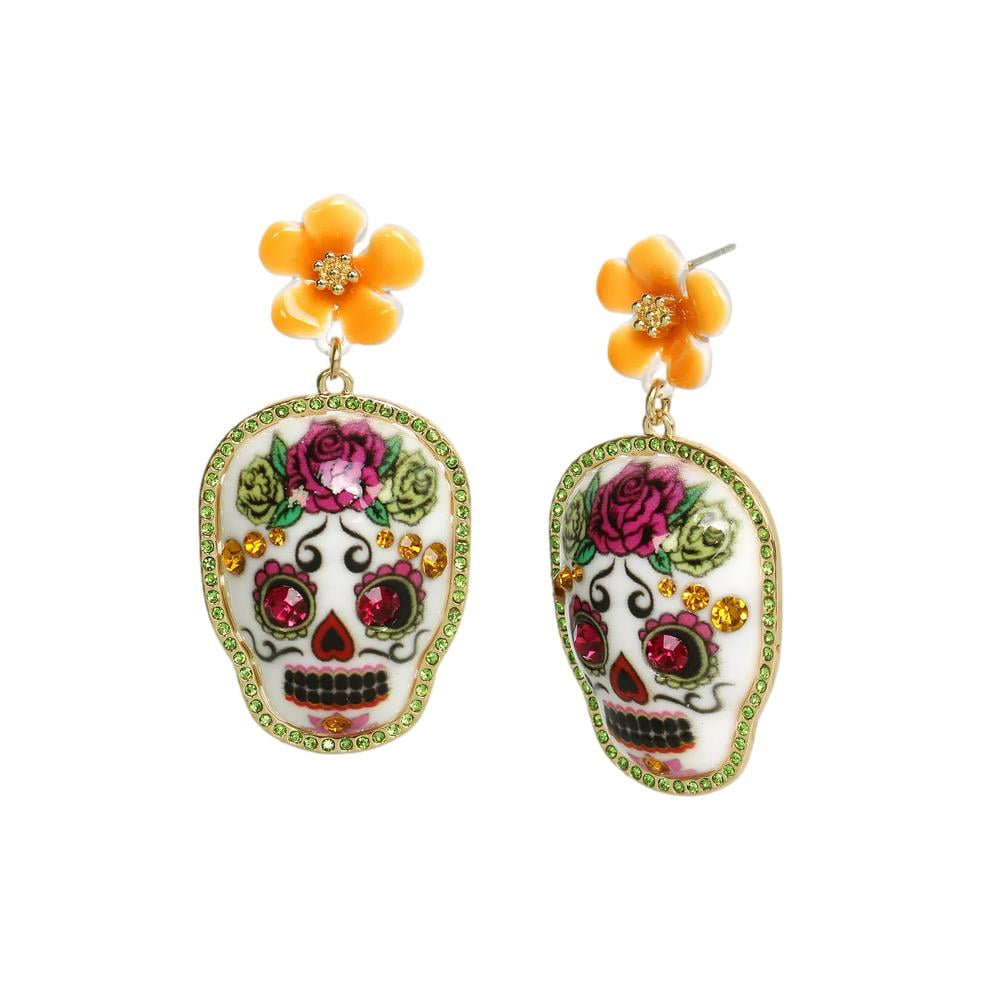 Betsey Johnson Women's Sugar Skull Flower Drop Earrings Orange ...