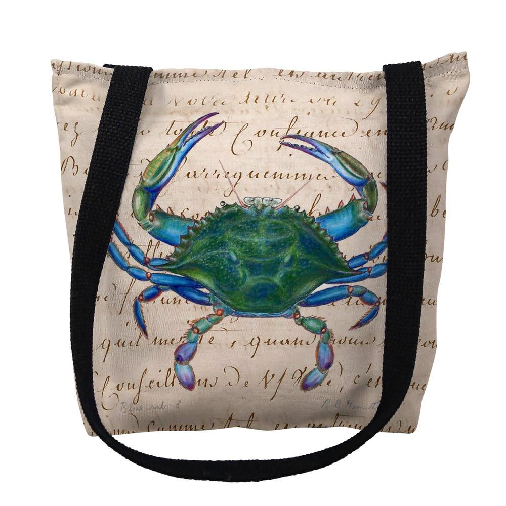 Betsy Drake Interiors Male Blue Crab Beige Script Medium Tote Bag 16x16 ...