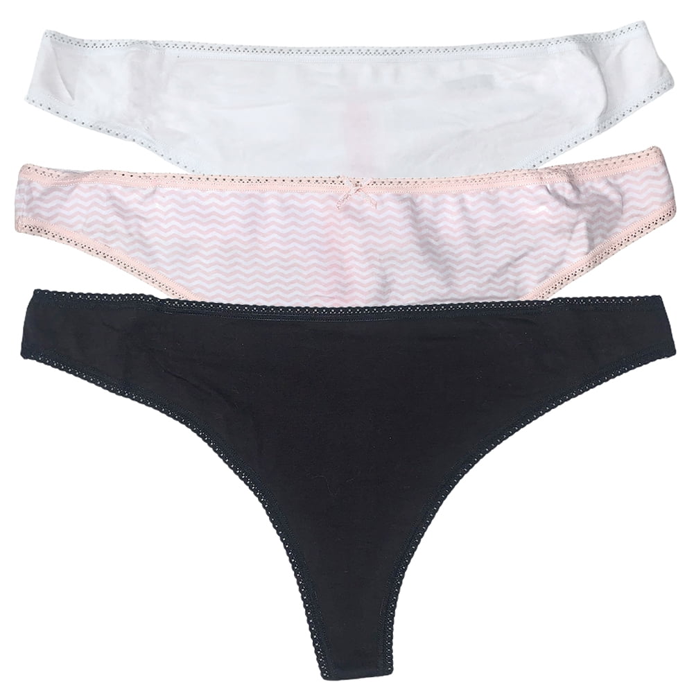Betsy Johnson Women's Thong Panties 3 Pack Classic Solid Thong Panty Underwear, STRPKWHTBLK, L ...