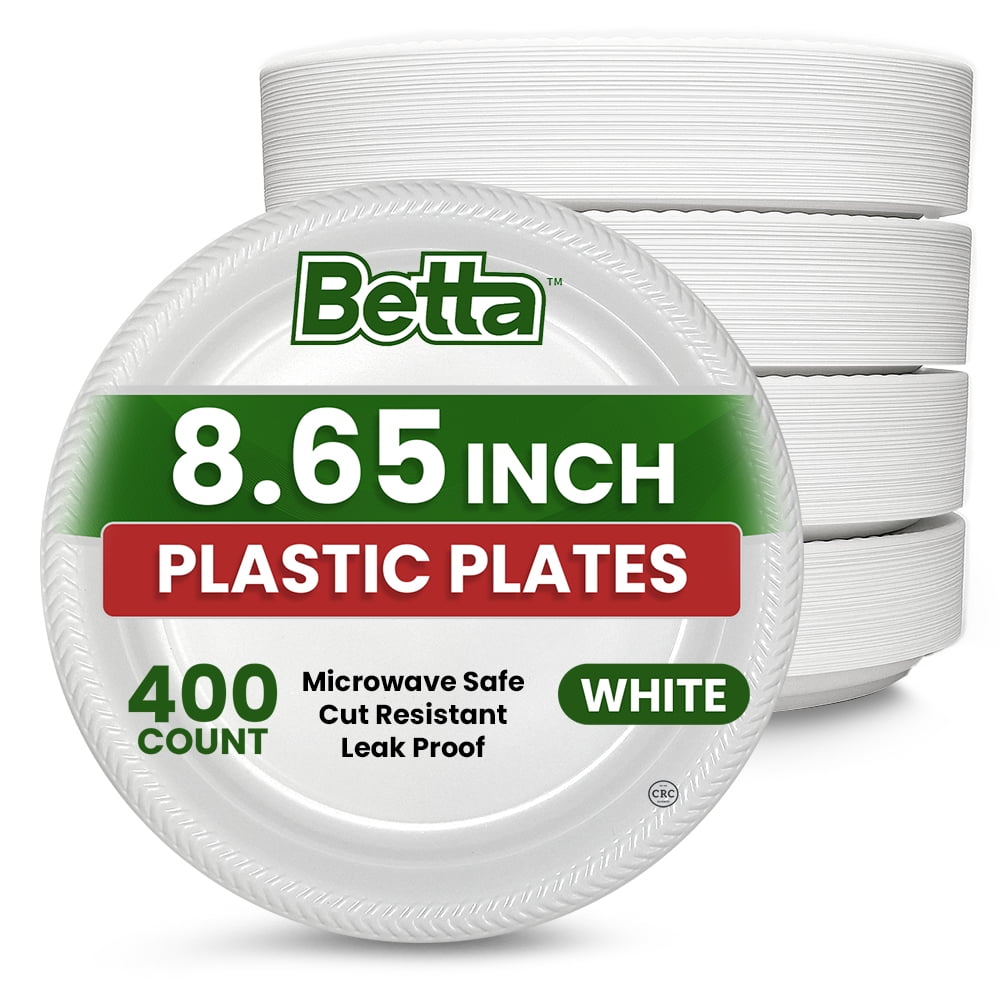 Betta Disposable Plastic Dinner Plates, White, 400 Count, Bulk Case ...