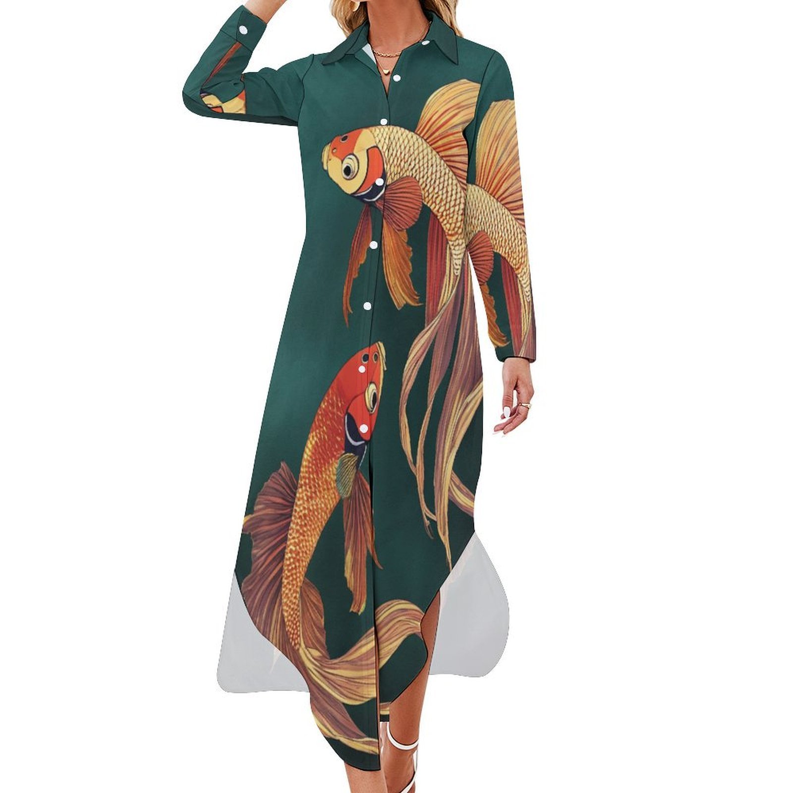 Betta Fish Art Print Shirt Dress Long Sleeve Street Fashion V Neck ...