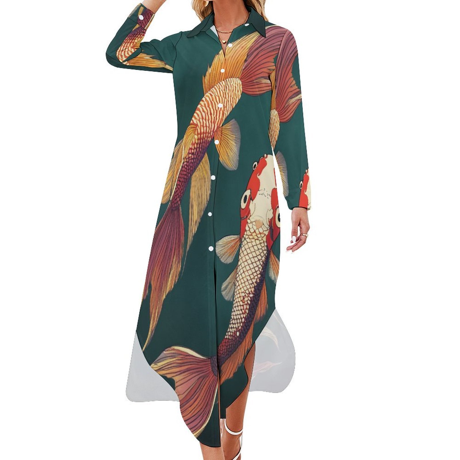 Betta Fish Art Print Shirt Dress Long Sleeve Street Fashion V Neck ...
