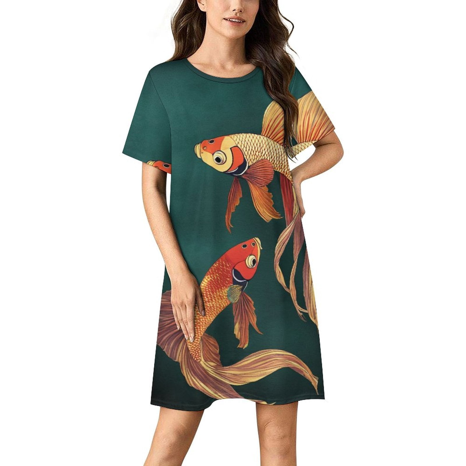 Betta Fish Art Print Women Nightgown Sleepwear Short Sleeves For ...