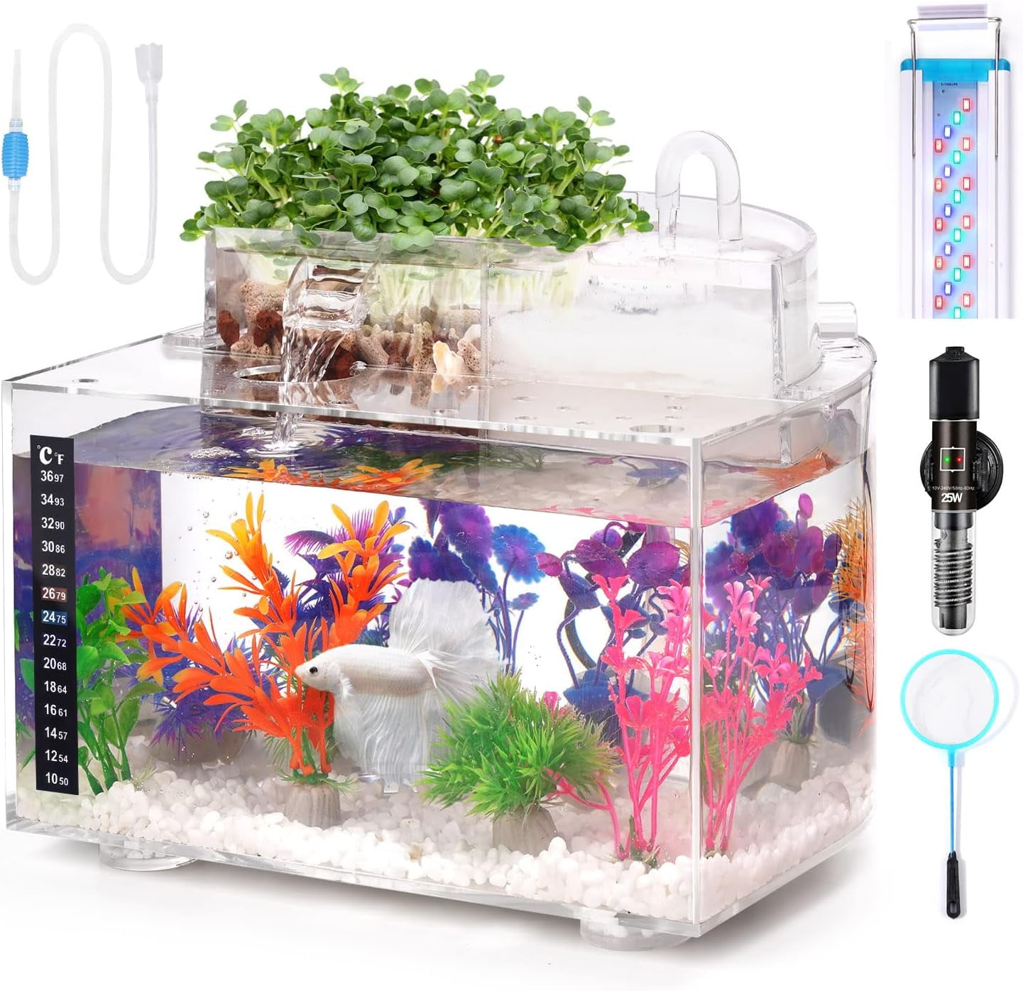 Betta Fish Tank Kit, 3 Gallon Aquarium Self-Cleaning with LED Light ...