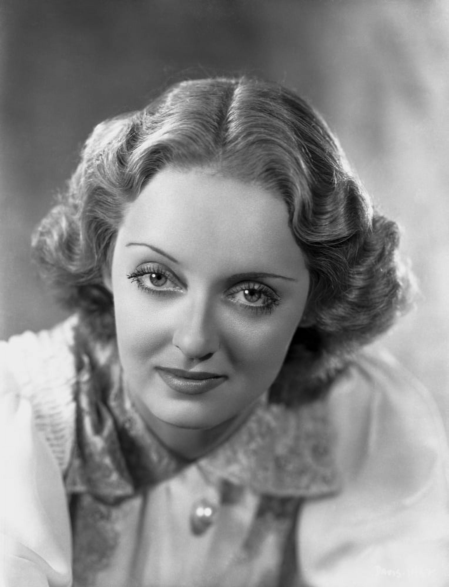 Bette Davis Portrait smiling in White Wool Shirt with Middle Parted ...