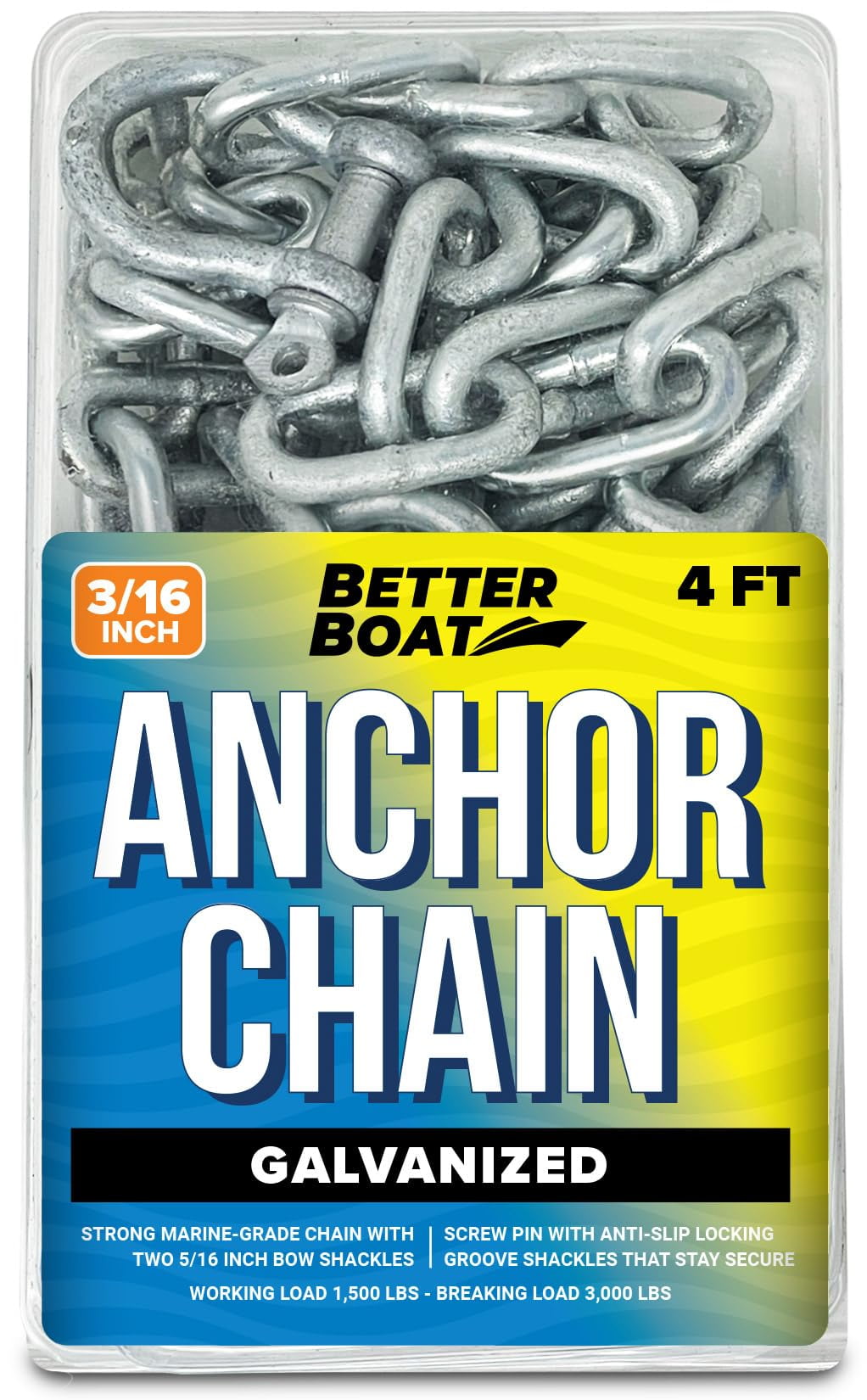 Better Boat Marine-Grade Galvanized Anchor Chain with Shackles, 4 ft x ...