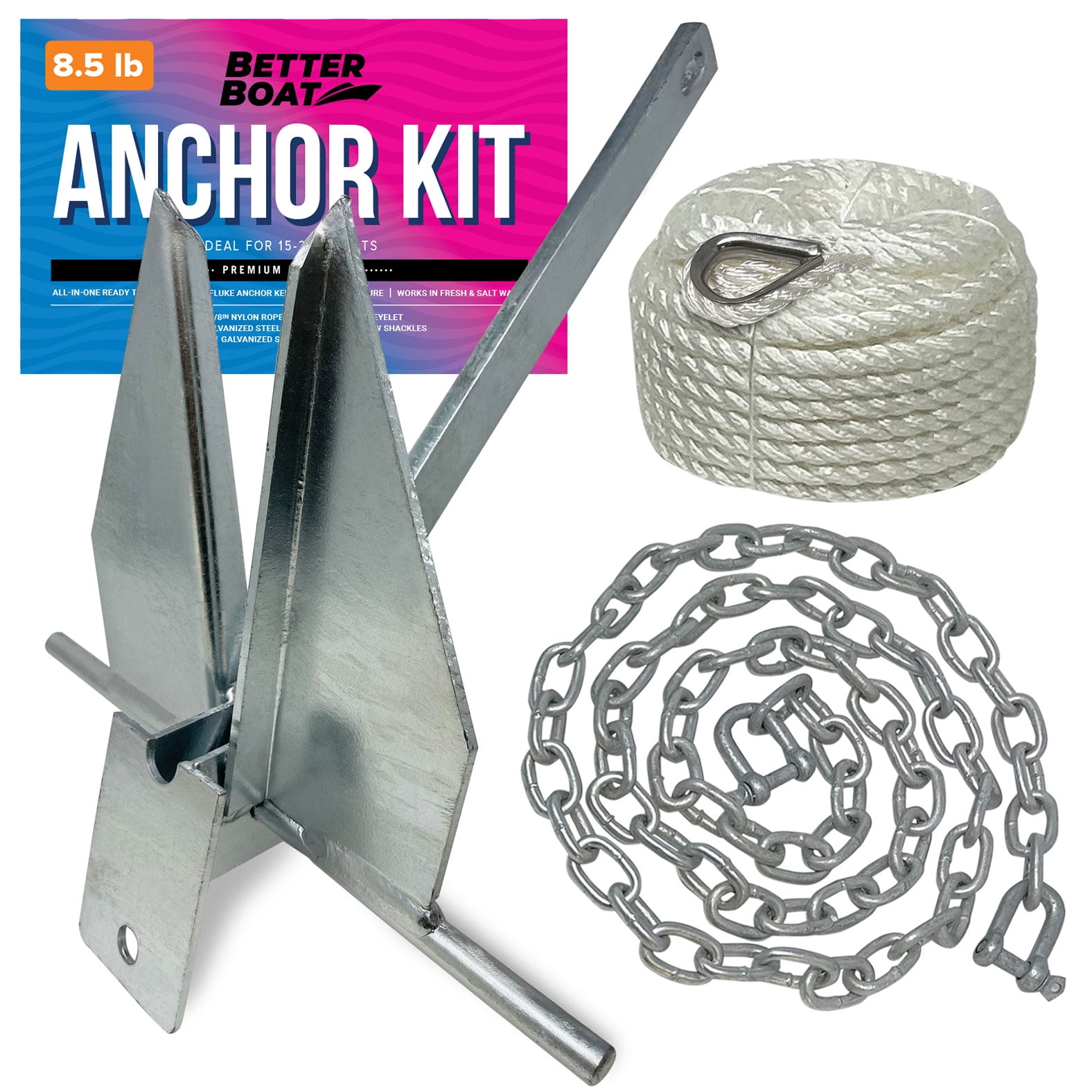 Better Boat Silver Steel 8.5 lbs Fluke Anchor with Chain and Rope Set ...