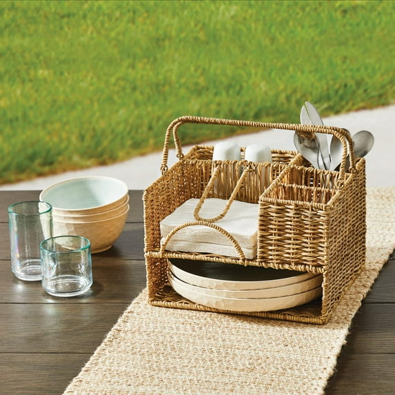 Better Home & Gardens Resin Rattan All-in-One Serving Caddy, Beige ...