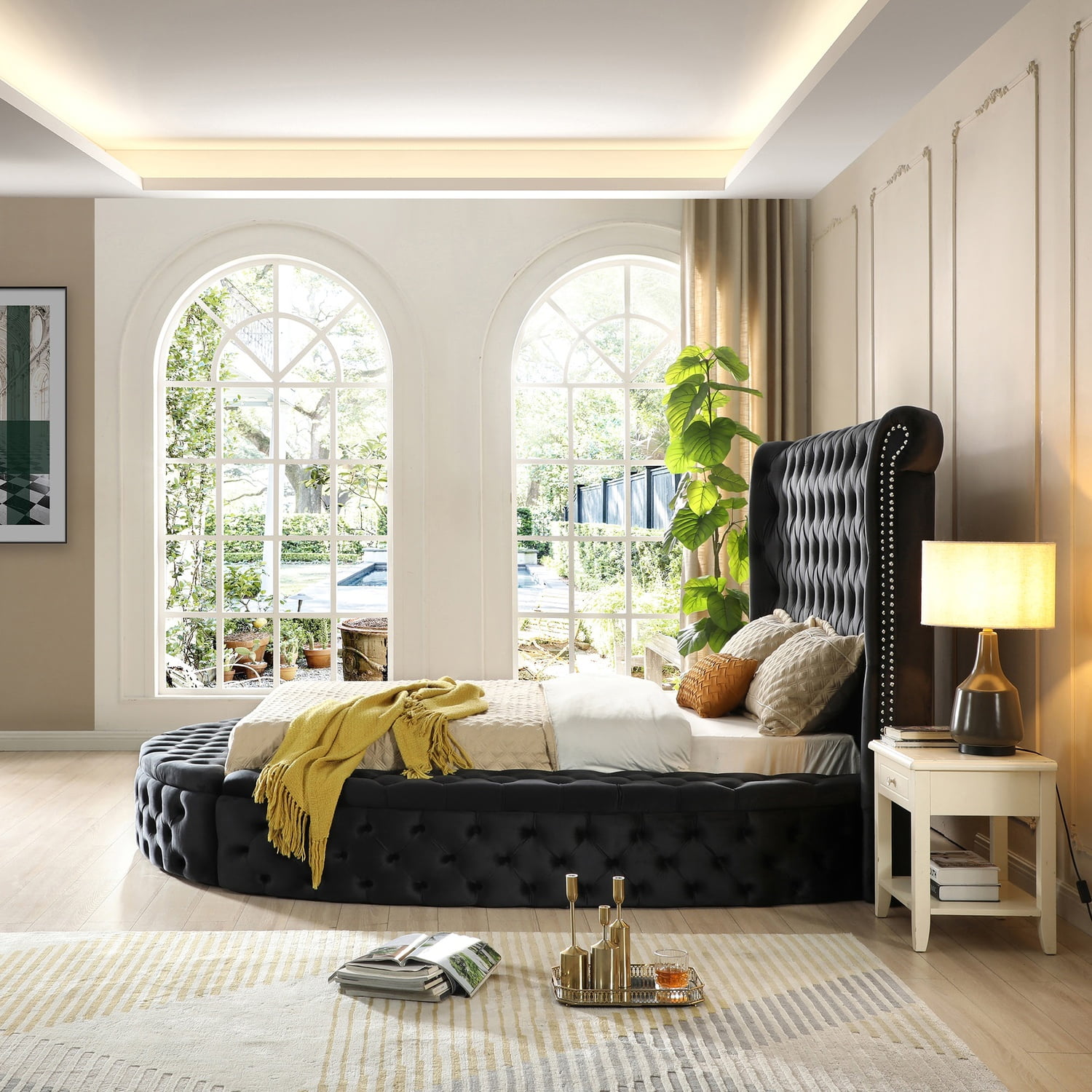 Better Home Products Elizabeth Upholstered Round Storage Queen Bed with ...