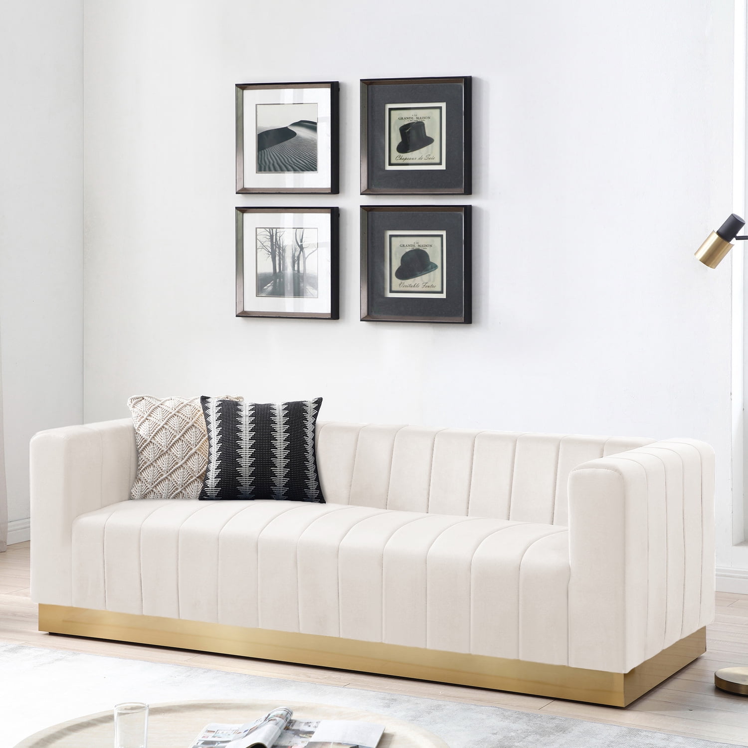 Better Home Products Foxy Velvet Sofa with Gleaming Gold Steel Base in ...