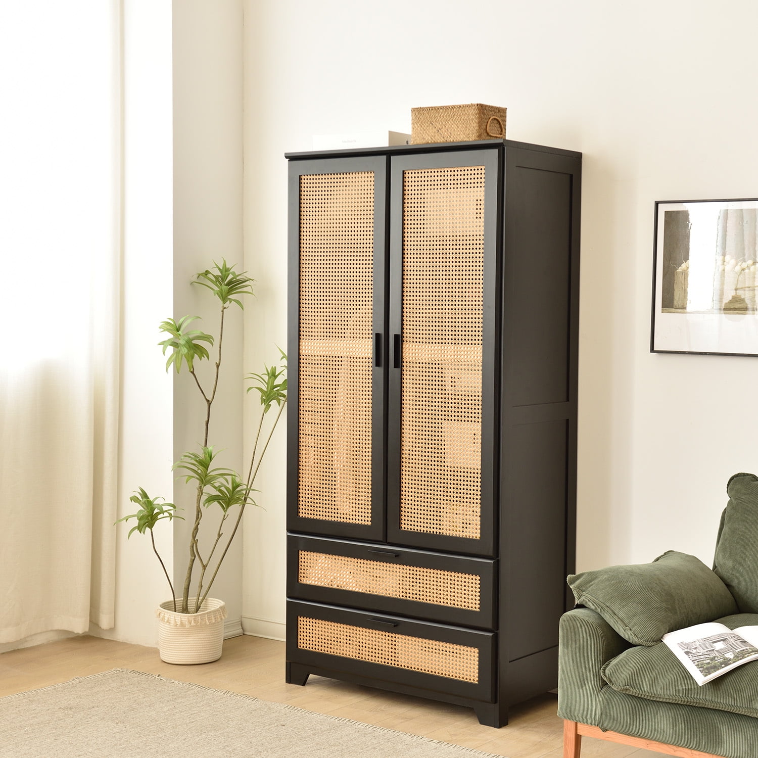 Better Home Products Pine Wood Closet with Rattan Doors and 2-Drawers ...