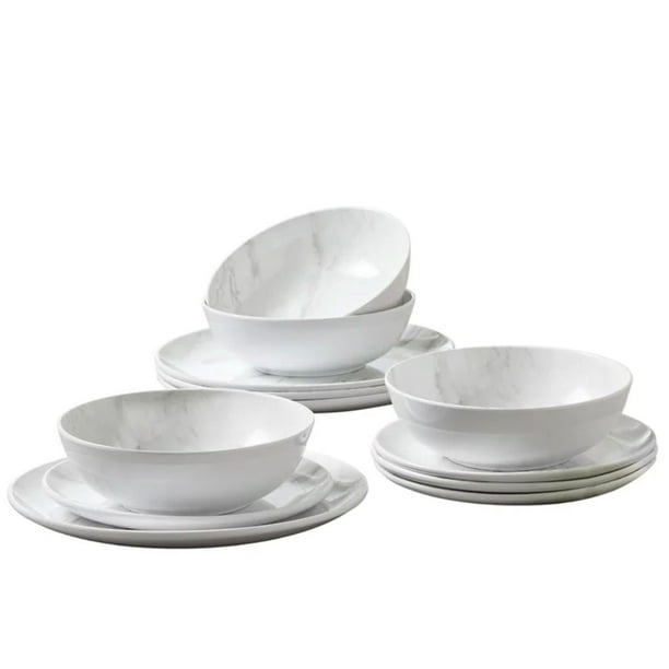 Better Homes & Garden 12-Piece Melamine Grey and White Marble Dinnerware Set - Walmart.com