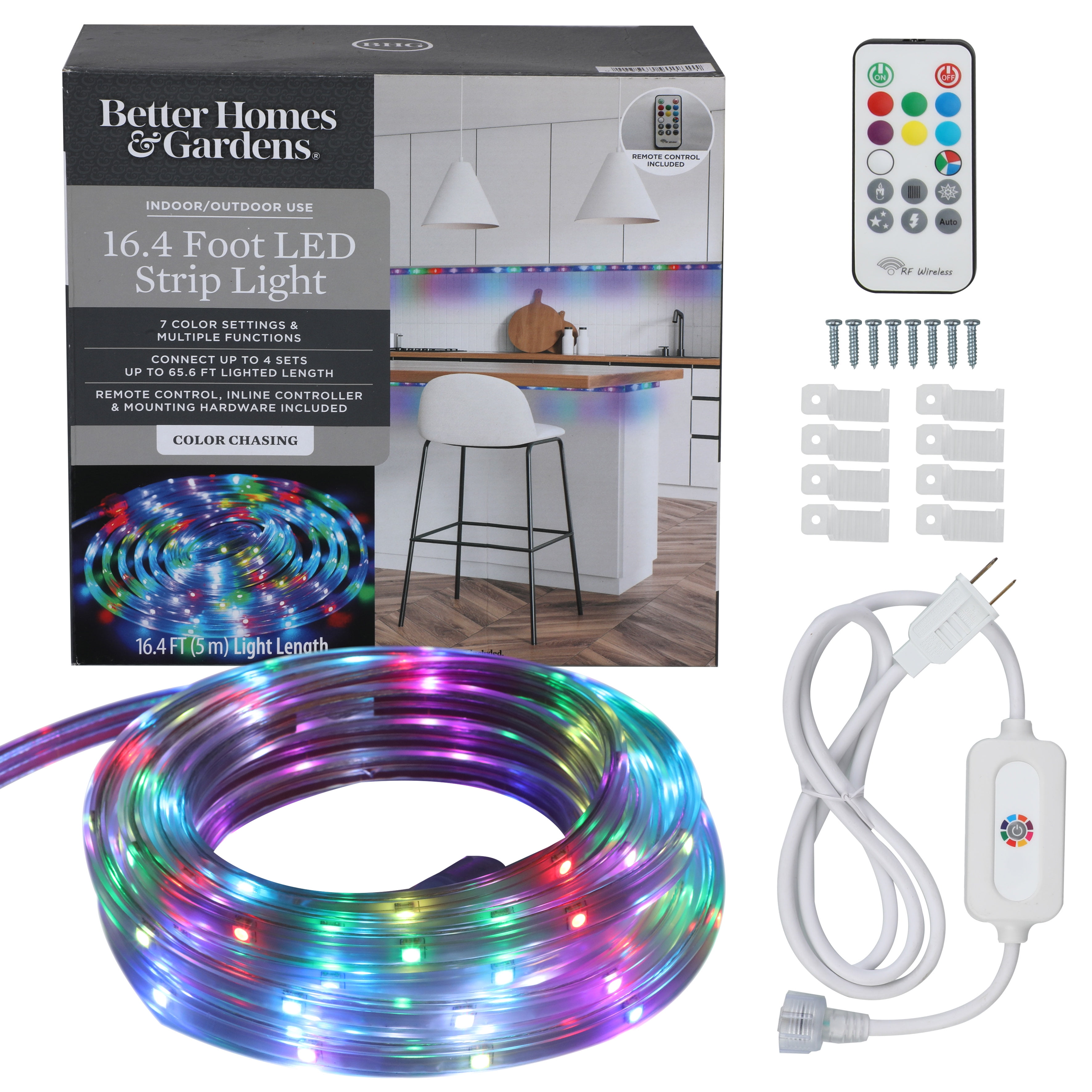 Better Homes & Gardens 16.4ft Color-Chasing LED Strip Light Indoor ...