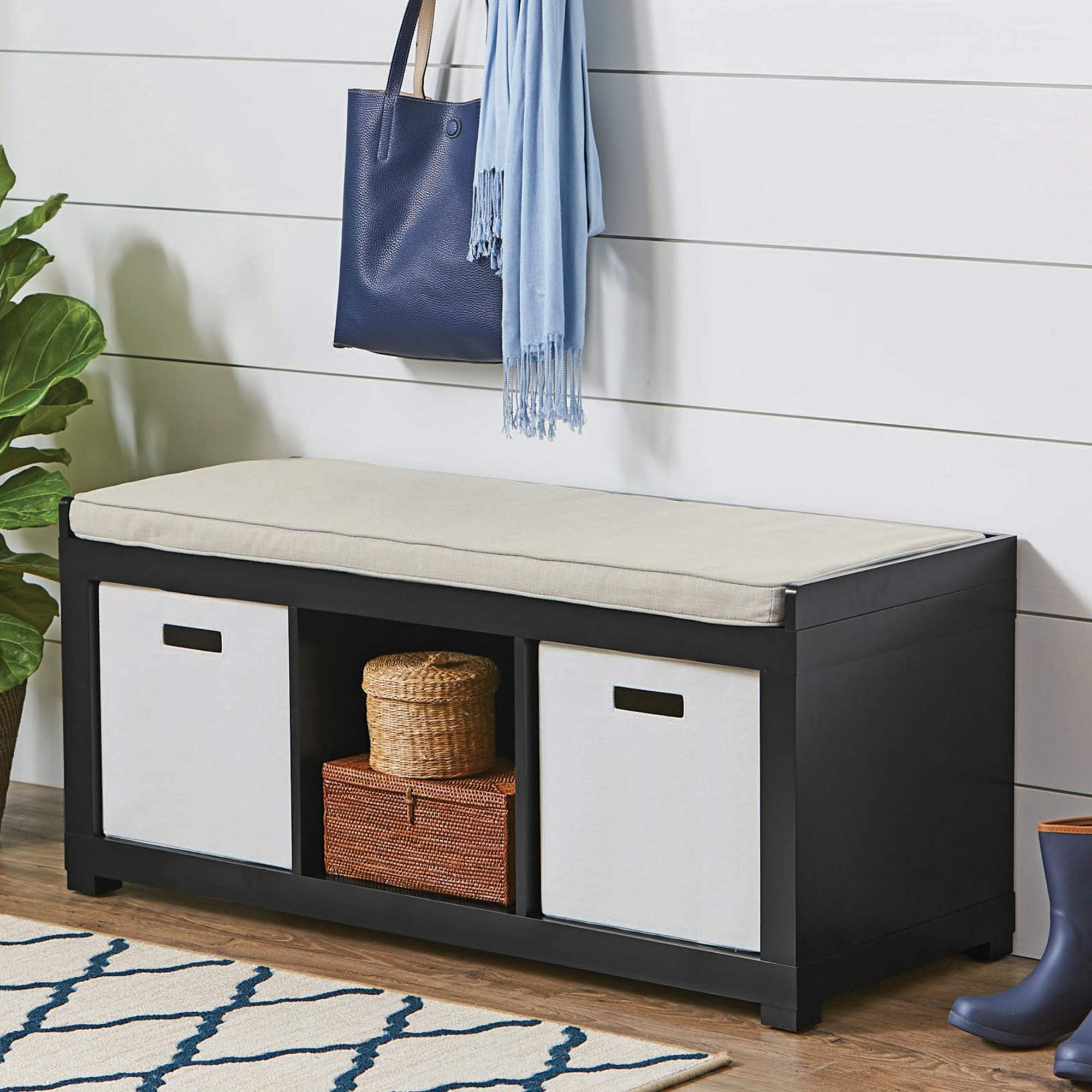 Better Homes and Gardens 3-Cube Upholstered Storage Bench, Black ...