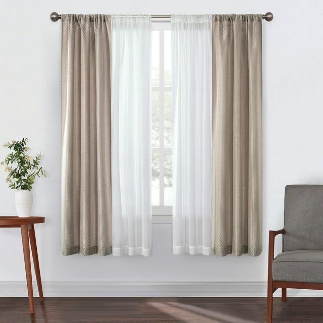 Better Homes & Gardens 4 Piece Taupe Open Stitch & Solid Curtain & Sheer Panel Set, Taupe, 74x95 ...