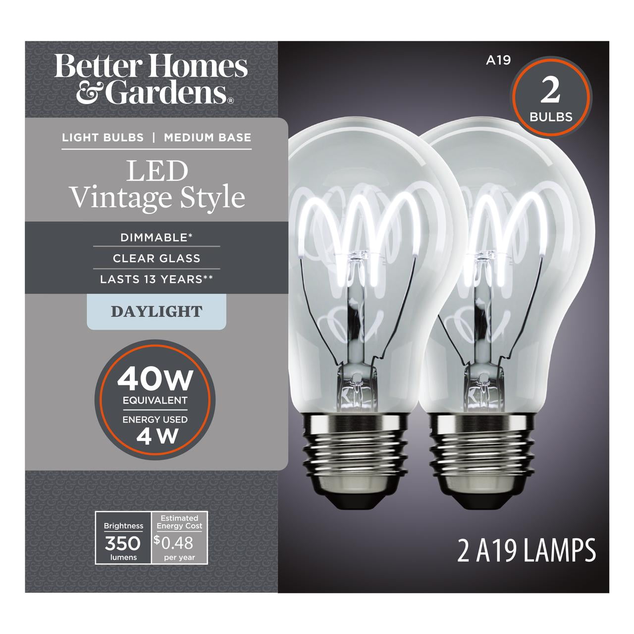 Better Homes & Gardens 4-Watt (40W Equivalent) Daylight A19 Vintage LED ...