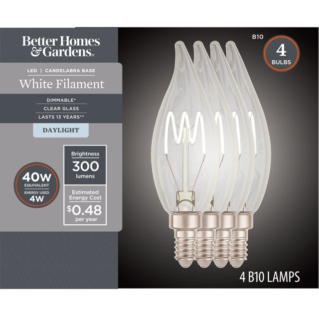 Better Homes & Gardens 4W (40W Equivalent) Daylight Dimmable CA10 White Filament Light Bulbs E12 ...