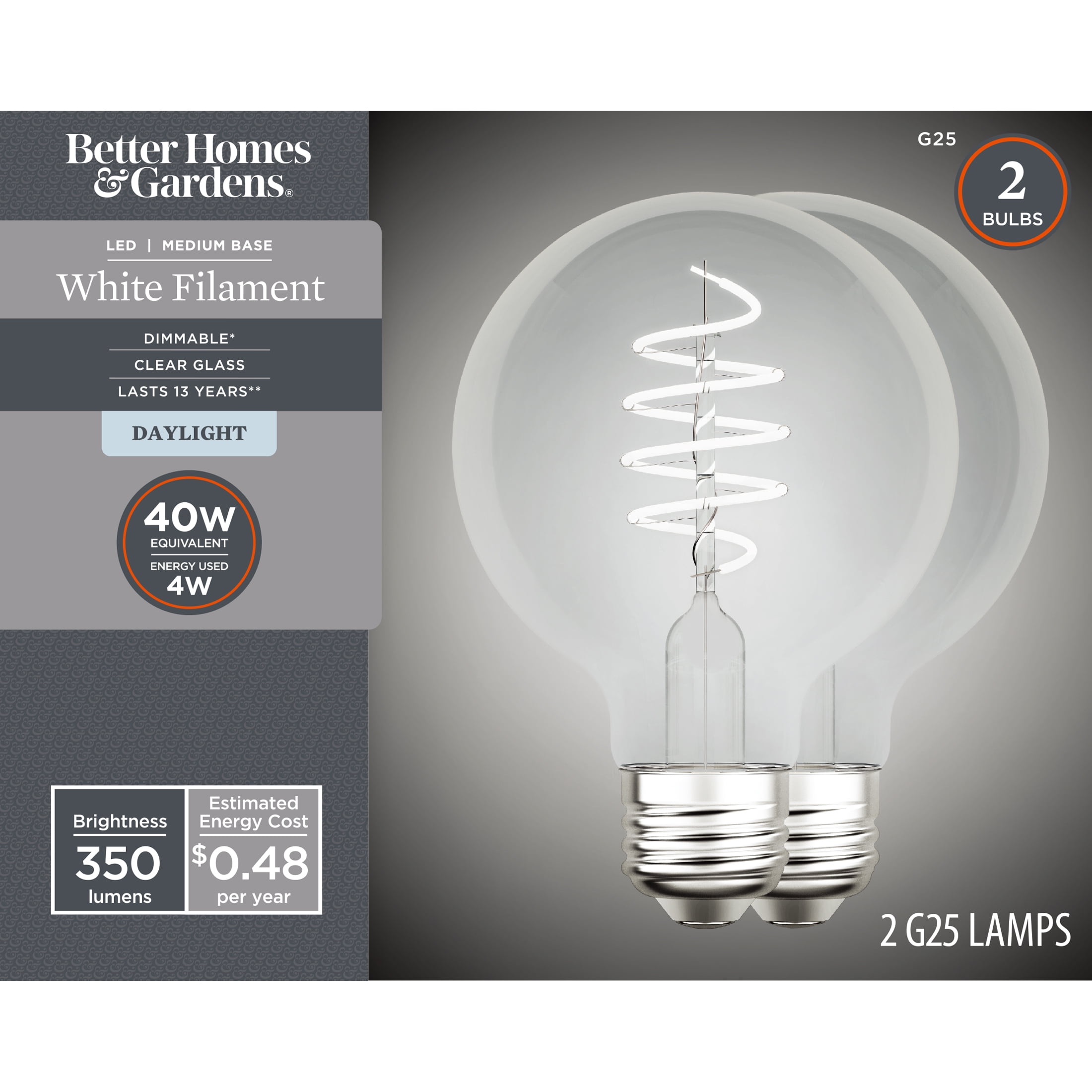 Better Homes & Gardens 4W (40W Equivalent) Daylight Dimmable G25 White ...