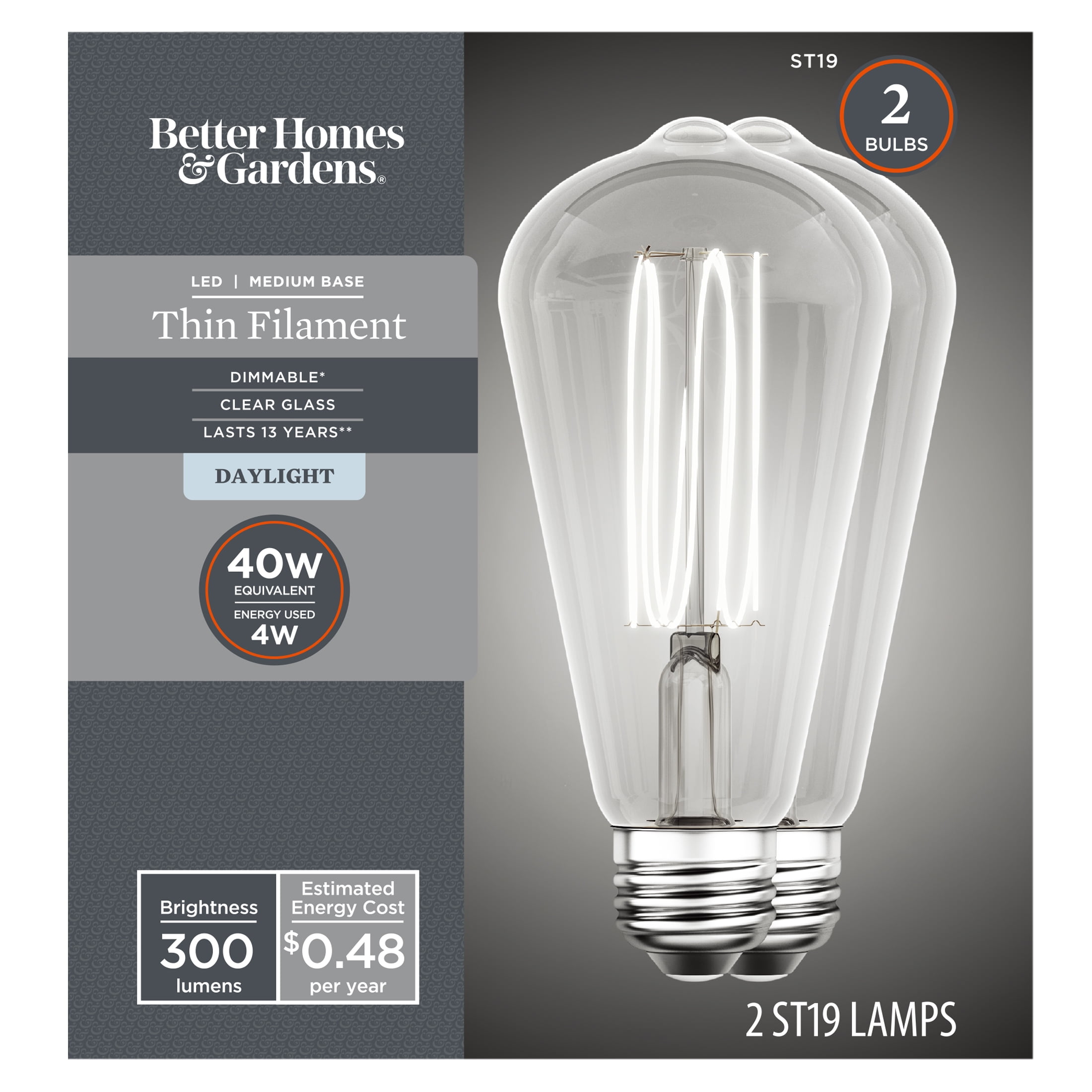 Better Homes & Gardens 4W(40W Equivalent) Daylight Dimmable ST19 Thin ...