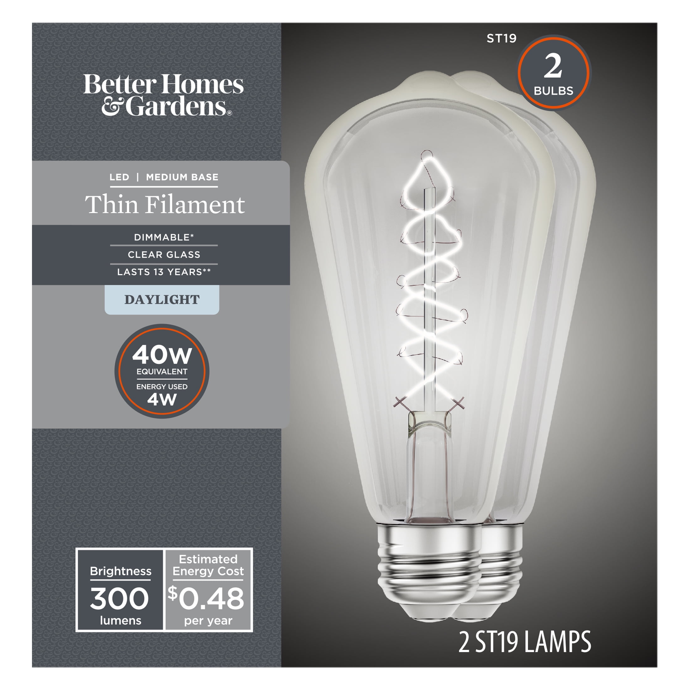 Better Homes & Gardens 4W(40W Equivalent) Daylight Dimmable ST19 Thin ...