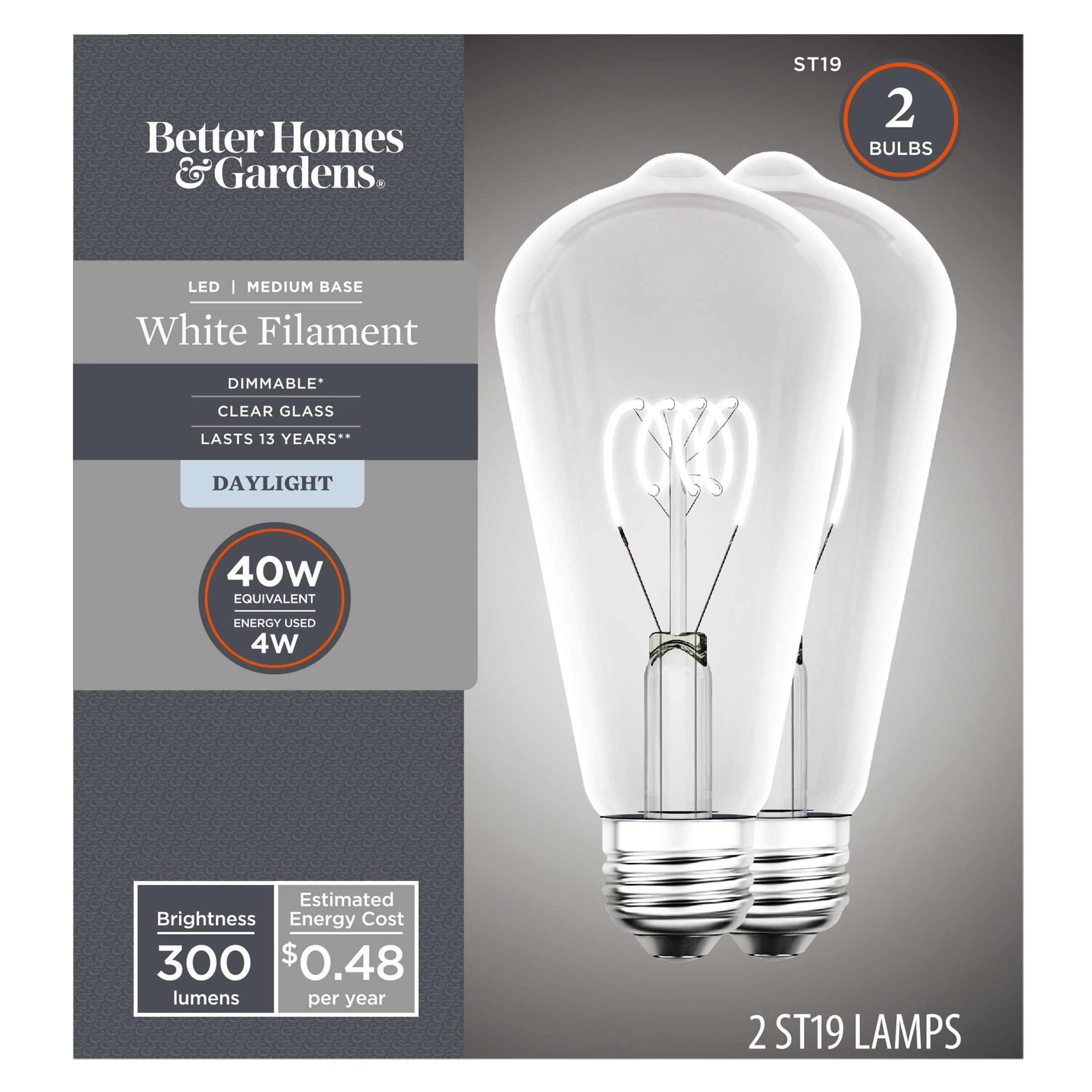 Better Homes & Gardens 4W (40W Equivalent) Daylight Dimmable ST19 White ...