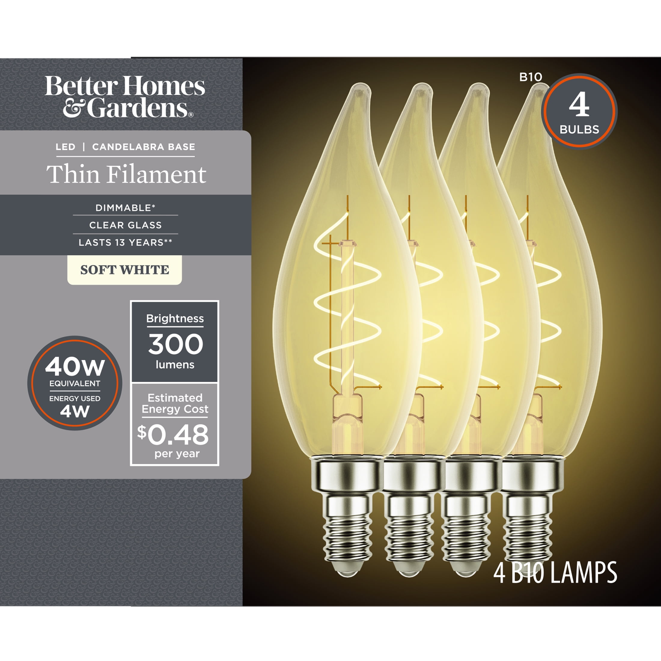 Better Homes & Gardens 4W (40W Equivalent) Soft White Dimmable CA10 ...