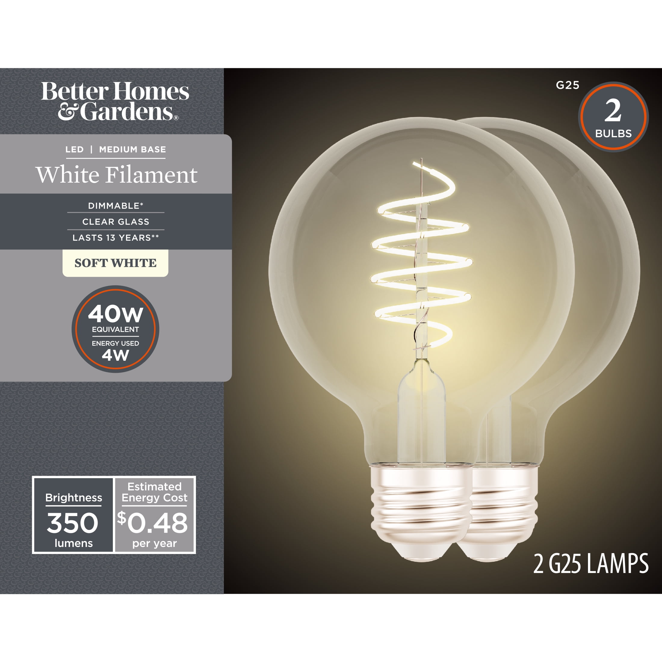 Better Homes & Gardens 4W (40W Equivalent) Soft White Dimmable G25 ...