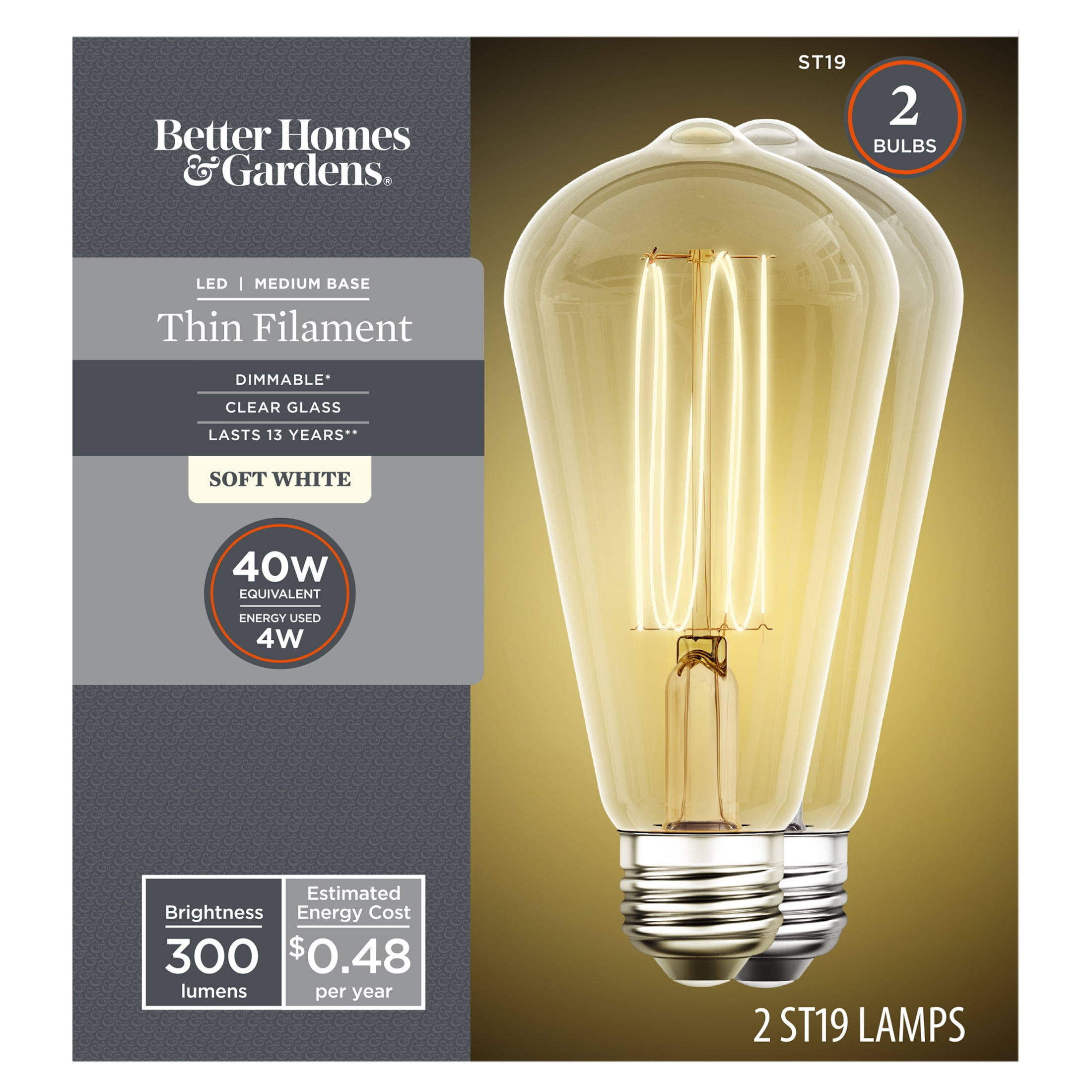 Better Homes & Gardens 4W(40W Equivalent) Soft White Dimmable ST19 Thin Filament Light Bulb E26 ...