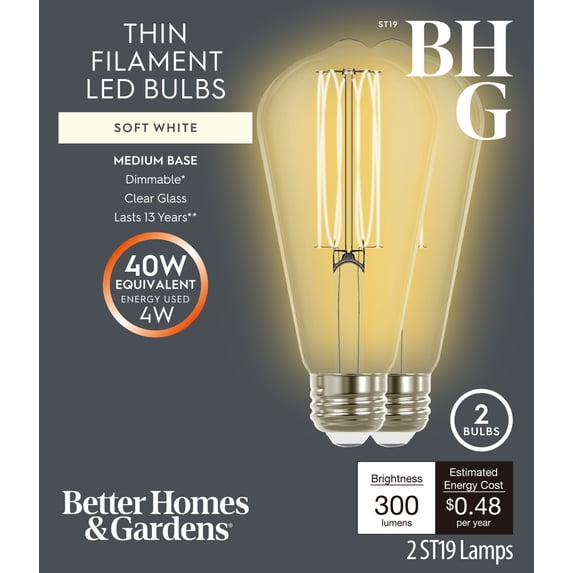 Better Homes & Gardens 4W(40W Equivalent) Soft White Dimmable ST19 Thin ...